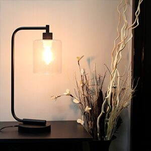 Simple Designs LD1036-BLK Bronson Antique Style Industrial Iron Lantern Desk Bedside Glass Shade Table Lamp, Black