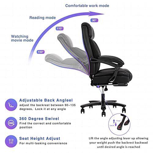 BOSMILLER Big and Tall Office Chair 400lb for Heavy People with Double Padded Memory Foam Seat Cushion Leather Executive Office Chair with Lumbar Support and Adjustable Footrest for Home Work