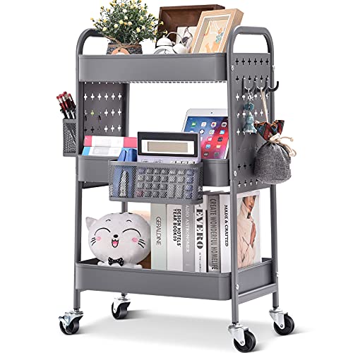 TOOLF 3-Tier Storage Cart, Utility Rolling Cart with DIY Dual Pegboards, Art Craft Trolley with Removable Baskets Hooks, Organizer Serving Cart Easy Assemble for Office, Home, Kitchen, Hospital,Grey