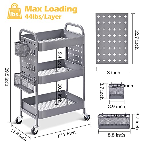 TOOLF 3-Tier Storage Cart, Utility Rolling Cart with DIY Dual Pegboards, Art Craft Trolley with Removable Baskets Hooks, Organizer Serving Cart Easy Assemble for Office, Home, Kitchen, Hospital,Grey