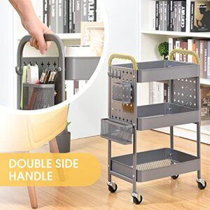 TOOLF 3-Tier Storage Cart, Utility Rolling Cart with DIY Dual Pegboards, Art Craft Trolley with Removable Baskets Hooks, Organizer Serving Cart Easy Assemble for Office, Home, Kitchen, Hospital,Grey