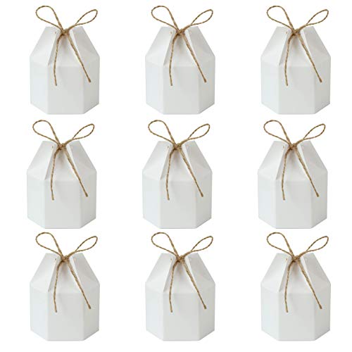 50Pack Paper Gift Boxes Lantern Hexagon Kraft Paper Package Box with Twine Candy Chocolate Gift Packing Wrap for Wedding Party Christmas White