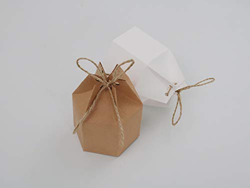 50Pack Paper Gift Boxes Lantern Hexagon Kraft Paper Package Box with Twine Candy Chocolate Gift Packing Wrap for Wedding Party Christmas White