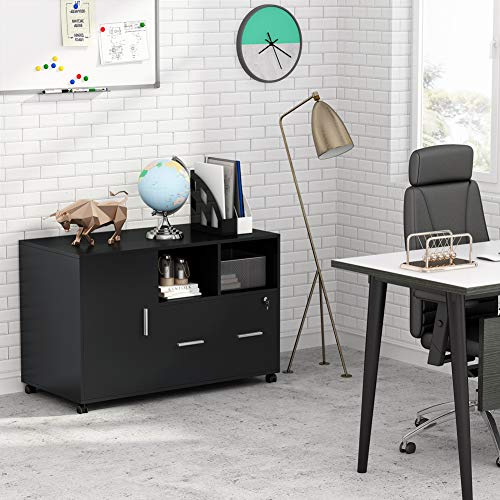 Tribesigns Large File Cabinet with Lock and Drawer, Modern Mobile Lateral Filing Cabinet Printer Stand Legal/Letter / A4 Size with Wheels and Storage Shelves for Home Office (Black)