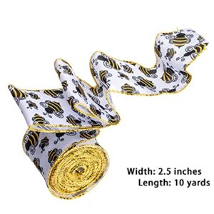 ATRBB Bumble Bee Wired Edge Ribbon, Honeybee Print Ribbon for Wreaths, Gift Wrapping and Party Decoration, 10 Yards by 2.5 Inches