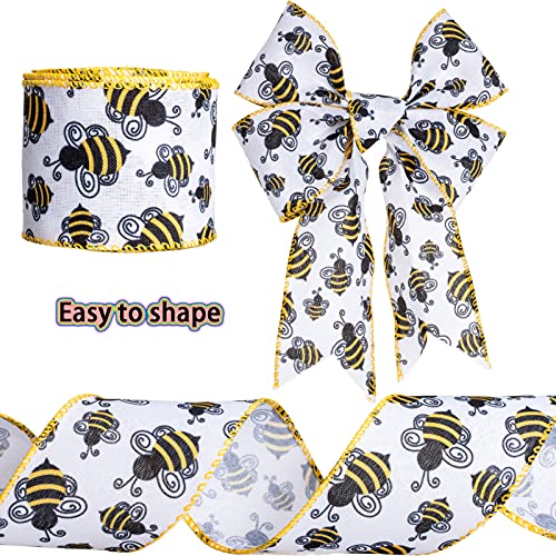 ATRBB Bumble Bee Wired Edge Ribbon, Honeybee Print Ribbon for Wreaths, Gift Wrapping and Party Decoration, 10 Yards by 2.5 Inches