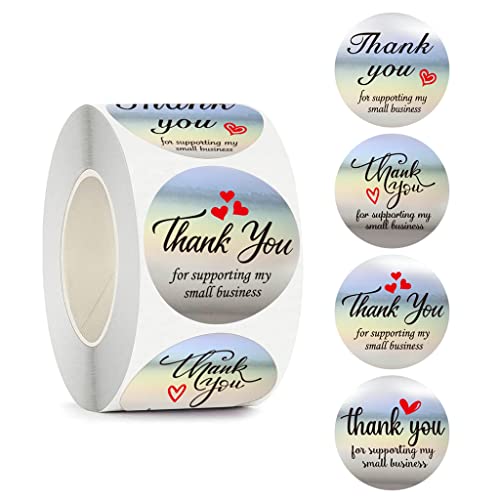 Thank You for Supporting My Small Business Stickers, 500PCS Holographic Thank You Stickers 1.5 inch, 4 Design Font Glitter Rainbow Round Labels Red Heart Stickers