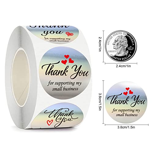 Thank You for Supporting My Small Business Stickers, 500PCS Holographic Thank You Stickers 1.5 inch, 4 Design Font Glitter Rainbow Round Labels Red Heart Stickers