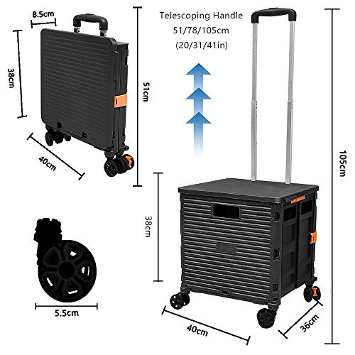 Foldable Utility Cart Folding Portable Rolling Crate Handcart with Durable Heavy Duty Plastic Telescoping Handle Collapsible 4 Rotate Wheels for Travel Shopping Moving Luggage Office Use (Black)