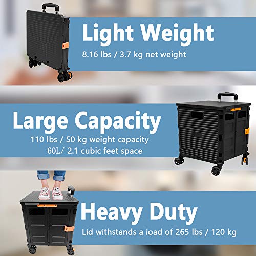 Foldable Utility Cart Folding Portable Rolling Crate Handcart with Durable Heavy Duty Plastic Telescoping Handle Collapsible 4 Rotate Wheels for Travel Shopping Moving Luggage Office Use (Black)