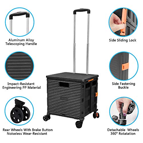 Foldable Utility Cart Folding Portable Rolling Crate Handcart with Durable Heavy Duty Plastic Telescoping Handle Collapsible 4 Rotate Wheels for Travel Shopping Moving Luggage Office Use (Black)