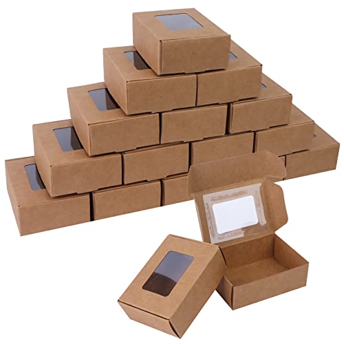 Ywin 96 PCS Mini Kraft Paper Box with Window Soap Boxes Present Box Present Packaging Box Treat Box for Soap Packaging Favor Treat Bakery Candy and Jewelry Display, 3.34 x 2.36 x 1.18 Inch (Brown)