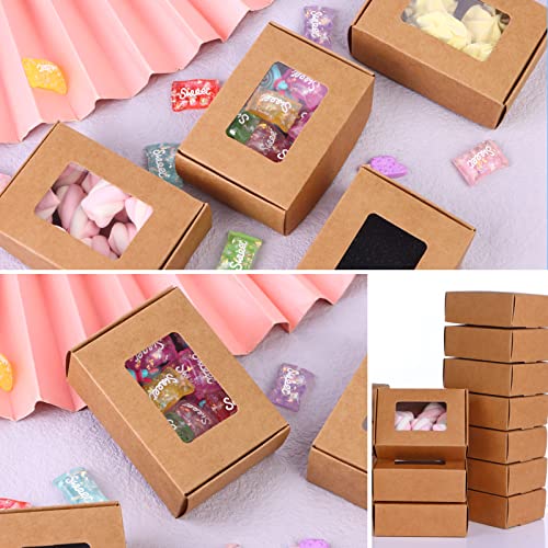 Ywin 96 PCS Mini Kraft Paper Box with Window Soap Boxes Present Box Present Packaging Box Treat Box for Soap Packaging Favor Treat Bakery Candy and Jewelry Display, 3.34 x 2.36 x 1.18 Inch (Brown)