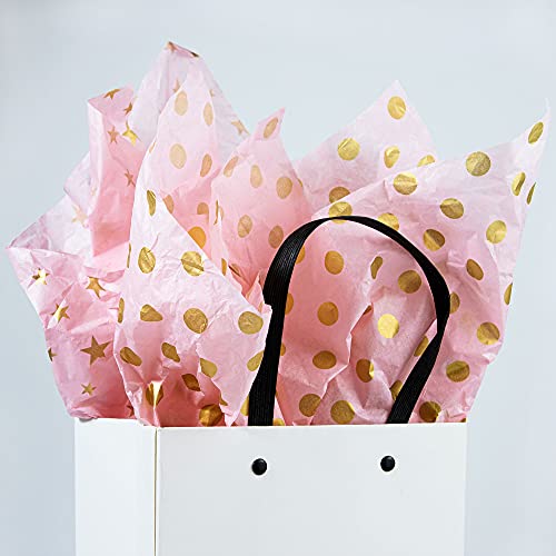 MR FIVE Pink Gold Polka Dot Tissue Paper Bulk,20" x 28",Gift Wrapping Tissue Paper,Tissue Paper for Gift Bags,Wrapping Paper for Baby Shower Graduation,Birthday,Holiday Party Decoration,30 Sheets