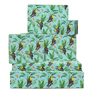 central 23 tropical wrapping paper – birthday wrapping paper for women or men – birds – toucan – leaves – blue gift wrap – comes with stickers – recyclable