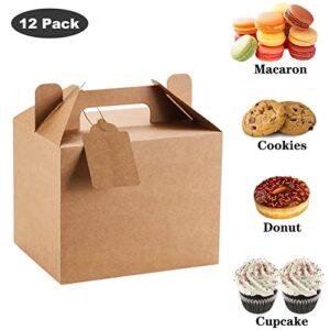 12 Pack Brown Treat Boxes, Kraft Paper Party Favor Boxes Gable Boxes Gift Boxes for Kids' Birthday Party, Wedding, Baby Shower, with Tag 7 x 5.5 x 5.5 Inches