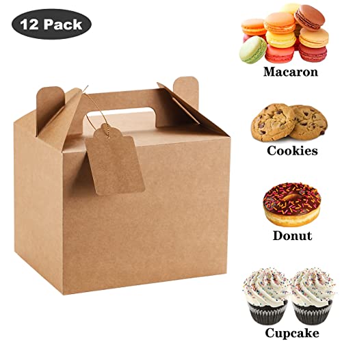 12 Pack Brown Treat Boxes, Kraft Paper Party Favor Boxes Gable Boxes Gift Boxes for Kids' Birthday Party, Wedding, Baby Shower, with Tag 7 x 5.5 x 5.5 Inches