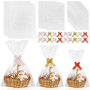 50pcs cellophane bags 3 sizes cellophane wrap for gift baskets 24×30 16×24 12×18 large clear packaging bags with 50 pull bows for gift wrapping plastic gift bags easter basket