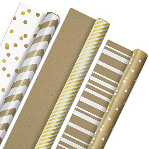 Hallmark All Occasion Reversible Wrapping Paper - Gold & Kraft Stripes, Triangles, Chevron, Polka Dots (3 Rolls: 75 sq. ft. ttl) for Birthdays, Christmas, Hanukkah, Crafts