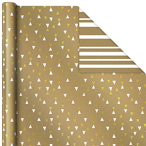 Hallmark All Occasion Reversible Wrapping Paper - Gold & Kraft Stripes, Triangles, Chevron, Polka Dots (3 Rolls: 75 sq. ft. ttl) for Birthdays, Christmas, Hanukkah, Crafts