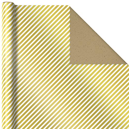 Hallmark All Occasion Reversible Wrapping Paper - Gold & Kraft Stripes, Triangles, Chevron, Polka Dots (3 Rolls: 75 sq. ft. ttl) for Birthdays, Christmas, Hanukkah, Crafts