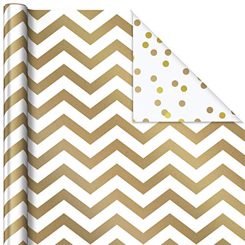 Hallmark All Occasion Reversible Wrapping Paper - Gold & Kraft Stripes, Triangles, Chevron, Polka Dots (3 Rolls: 75 sq. ft. ttl) for Birthdays, Christmas, Hanukkah, Crafts