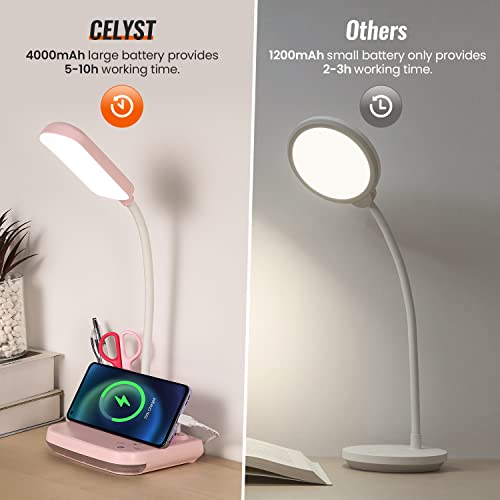 CELYST LED Rechargeable Desk Lamp, 5-in-1 Small Desk Lamp with USB Charging Port, Pen Holder, Night Light, Portable Desk Light for Home Office Student Children Kids College Dorm (Pink)