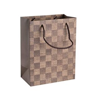 checkered gift bags set (12 pack)- 9”x 7”x 4” unique design with durable ribbon handles, beautiful present bags best for birthday, wedding and party favors (brown)