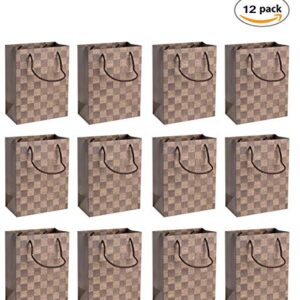 Checkered Gift Bags Set (12 Pack)- 9”x 7”x 4” Unique Design with Durable Ribbon Handles, Beautiful Present Bags Best for Birthday, Wedding and Party Favors (Brown)