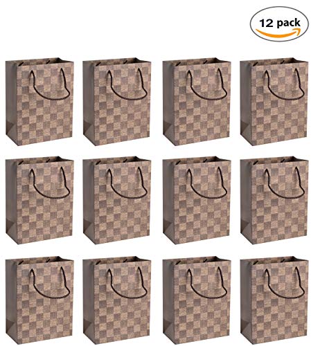 Checkered Gift Bags Set (12 Pack)- 9”x 7”x 4” Unique Design with Durable Ribbon Handles, Beautiful Present Bags Best for Birthday, Wedding and Party Favors (Brown)