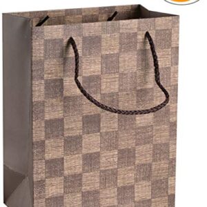 Checkered Gift Bags Set (12 Pack)- 9”x 7”x 4” Unique Design with Durable Ribbon Handles, Beautiful Present Bags Best for Birthday, Wedding and Party Favors (Brown)