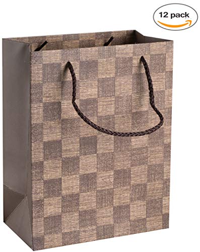 Checkered Gift Bags Set (12 Pack)- 9”x 7”x 4” Unique Design with Durable Ribbon Handles, Beautiful Present Bags Best for Birthday, Wedding and Party Favors (Brown)