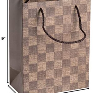 Checkered Gift Bags Set (12 Pack)- 9”x 7”x 4” Unique Design with Durable Ribbon Handles, Beautiful Present Bags Best for Birthday, Wedding and Party Favors (Brown)