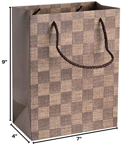 Checkered Gift Bags Set (12 Pack)- 9”x 7”x 4” Unique Design with Durable Ribbon Handles, Beautiful Present Bags Best for Birthday, Wedding and Party Favors (Brown)