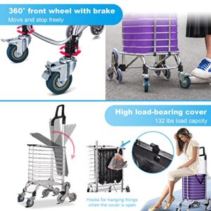 Shopping Cart Grocery Folding with Wheels Cover, Stair Climber Shopping Cart for Groceries with Double Handle for Utility Shopping Cart Purple