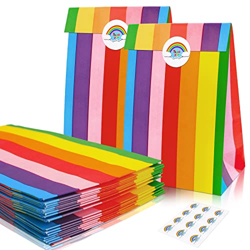 Party Favor Bags,Small Paper Bags,Paper Gift Bags Small Gift Bags Bulk,Paper Party Bags with FREE Stickers,Kraft Paper Goodie Bags Goody Bags Treats Bags Candy Bags,Rainbow Gift Bags Multipack Gift Wrap Bags for Birthdays Party,Easter,Holiday for Kids Boy