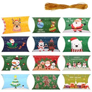 diyasy christmas pillow boxes,60 pcs gift card holders small treat box in12 xmas designs for small gifts with gold twine