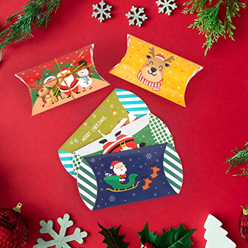 DIYASY Christmas Pillow Boxes,60 Pcs Gift Card Holders Small Treat Box in12 Xmas Designs for Small Gifts with Gold Twine