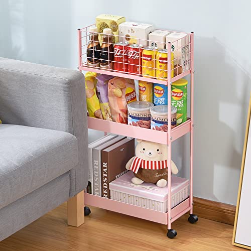 KINGRACK Slim Storage Rolling Cart,3-Tier Metal Utility Cart,Slide Out Storage Cart,Makeup Lash Cart,Rolling Storage Cart Pink for Bathroom Laundry Room Bedroom