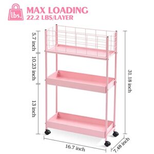 KINGRACK Slim Storage Rolling Cart,3-Tier Metal Utility Cart,Slide Out Storage Cart,Makeup Lash Cart,Rolling Storage Cart Pink for Bathroom Laundry Room Bedroom