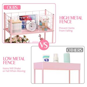 KINGRACK Slim Storage Rolling Cart,3-Tier Metal Utility Cart,Slide Out Storage Cart,Makeup Lash Cart,Rolling Storage Cart Pink for Bathroom Laundry Room Bedroom