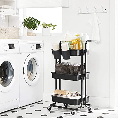 SONGMICS Rolling Cart, 3-Tier Storage Cart, Storage Trolley with Handle 2 Small Organizers, Steel Frame, Plastic Baskets, Utility Cart, Easy Assembly, for Bathroom Laundry Room, Black UBSC067B01