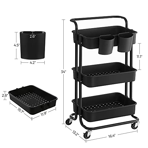 SONGMICS Rolling Cart, 3-Tier Storage Cart, Storage Trolley with Handle 2 Small Organizers, Steel Frame, Plastic Baskets, Utility Cart, Easy Assembly, for Bathroom Laundry Room, Black UBSC067B01