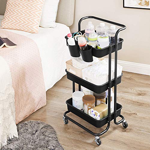 SONGMICS Rolling Cart, 3-Tier Storage Cart, Storage Trolley with Handle 2 Small Organizers, Steel Frame, Plastic Baskets, Utility Cart, Easy Assembly, for Bathroom Laundry Room, Black UBSC067B01