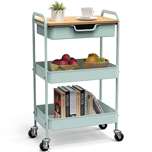 Aratan Utility Rolling Cart with Table Top, 3 Tier Metal Storage Cart with Drawer, Kitchen Organizer Cart with Handle and Locking Wheels for Bathroom Office Balcony Living Room (Light Green)