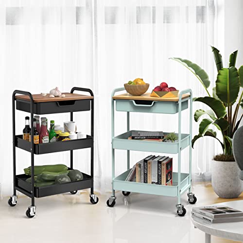 Aratan Utility Rolling Cart with Table Top, 3 Tier Metal Storage Cart with Drawer, Kitchen Organizer Cart with Handle and Locking Wheels for Bathroom Office Balcony Living Room (Light Green)