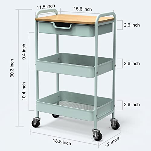 Aratan Utility Rolling Cart with Table Top, 3 Tier Metal Storage Cart with Drawer, Kitchen Organizer Cart with Handle and Locking Wheels for Bathroom Office Balcony Living Room (Light Green)