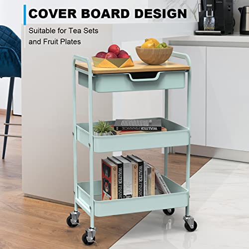 Aratan Utility Rolling Cart with Table Top, 3 Tier Metal Storage Cart with Drawer, Kitchen Organizer Cart with Handle and Locking Wheels for Bathroom Office Balcony Living Room (Light Green)