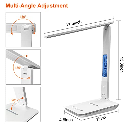 snsok LED Desk Lamp, Desk Light with Wireless Charger, USB Charging Port, Dimmable Office Desk Lamp with Clock, Alarm, Date, Temperature, Foldable Table Lamp for Table Bedroom Bedside Office, White