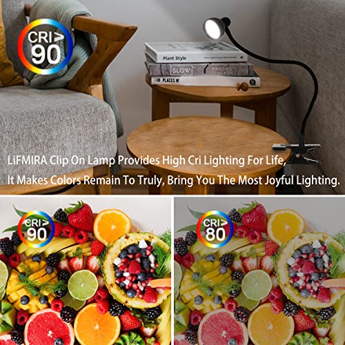 LiFMIRA Clip on Light Reading Light 3000-6500K Adjustable Colors 30 Lighting Modes Eye Caring LED Desk Lamp Clamp Flexible Gooseneck Clip Desk Lamp for Bed Headboard Computer Dorm Home Office (Black)